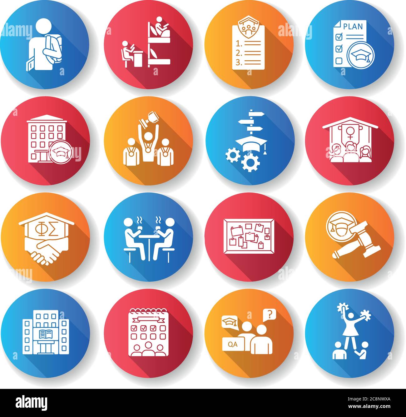 Campus life flat design long shadow glyph icons set. University and ...