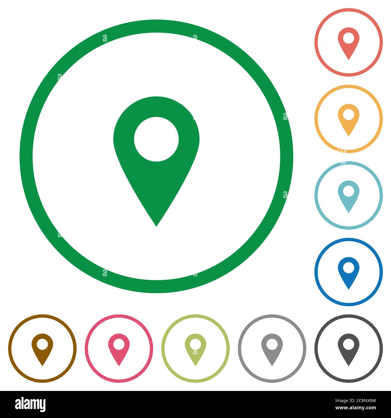 Set of location pin color round outlined flat icons on white background ...