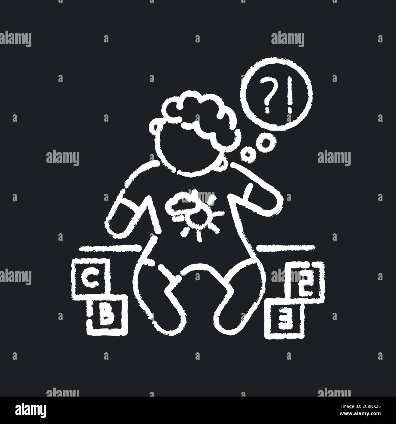 Developmental delay chalk white icon on black background. Child with ...