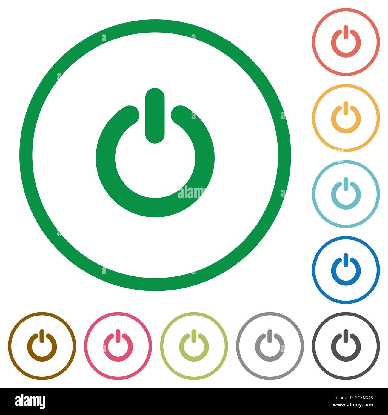 Set of Power switch color round outlined flat icons on white background ...