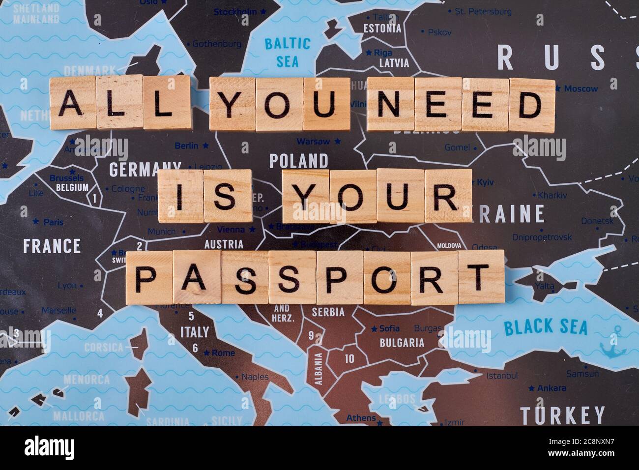 Black europe map and globalization slogan Stock Photo - Alamy