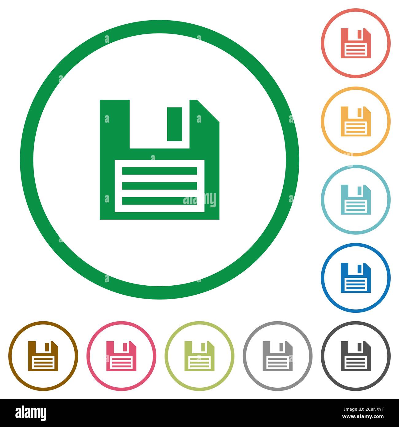 Set of save document color round outlined flat icons on white ...