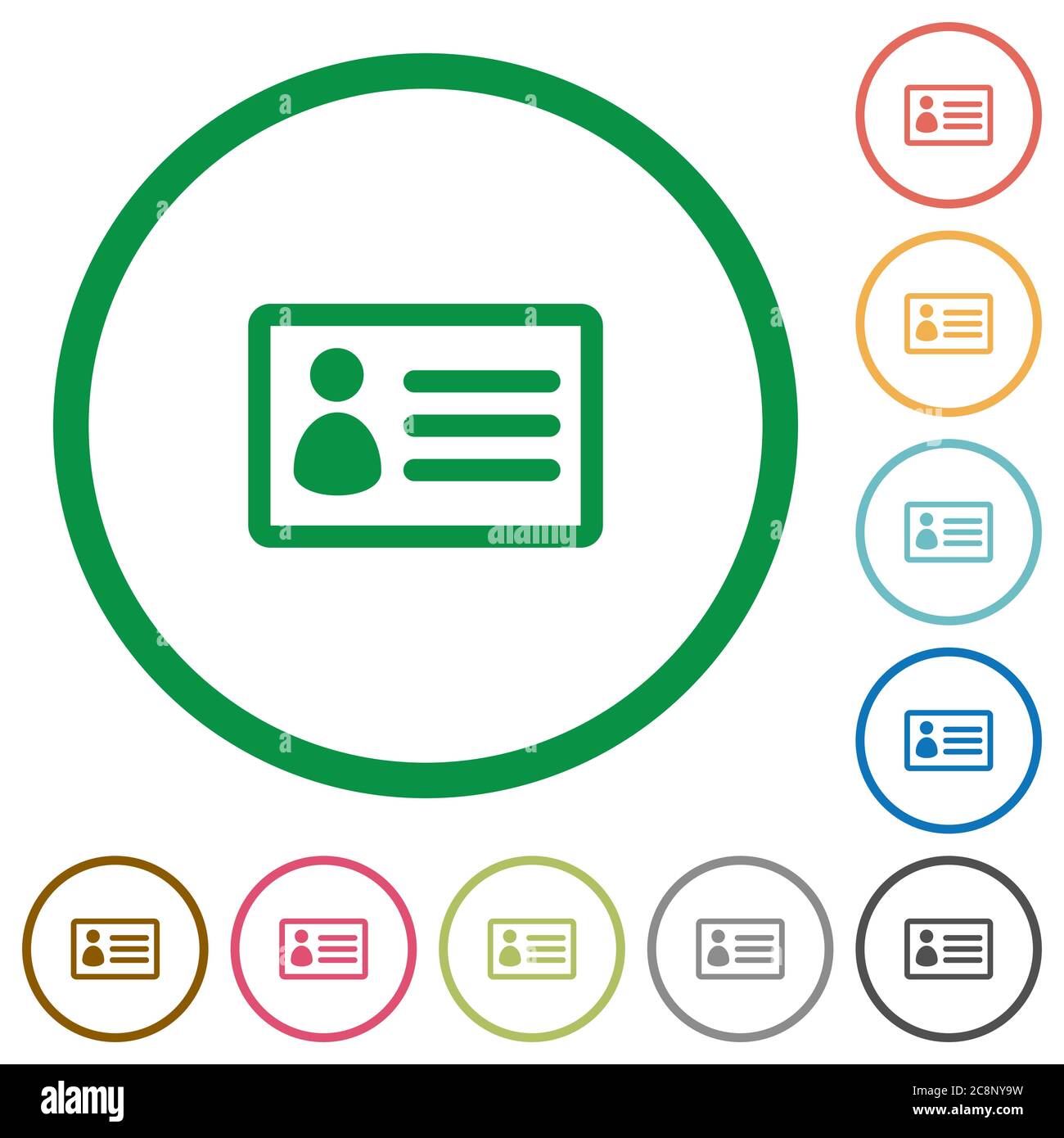 Set of ID card color round outlined flat icons on white background ...