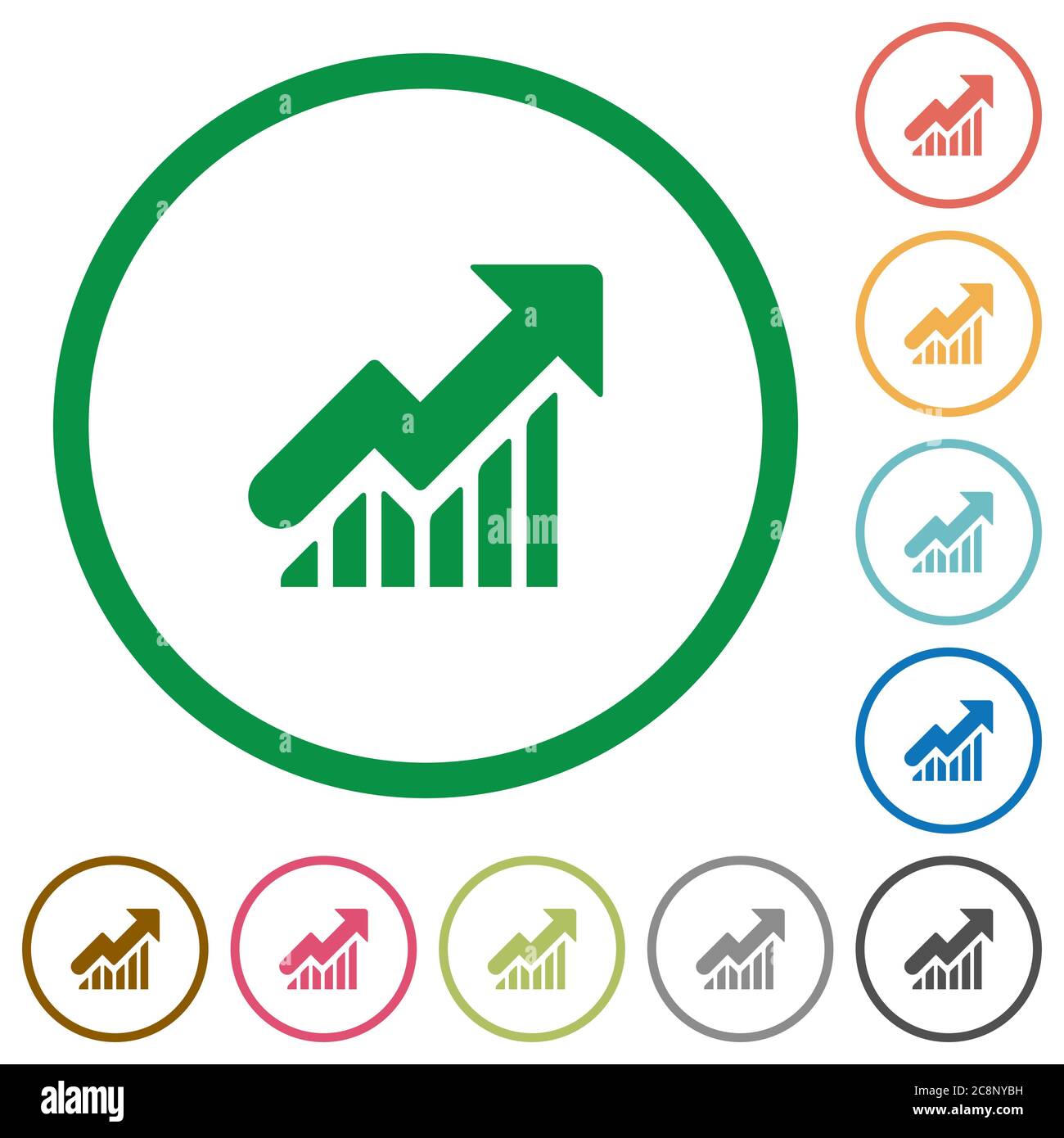 Set of Rising graph color round outlined flat icons on white background ...