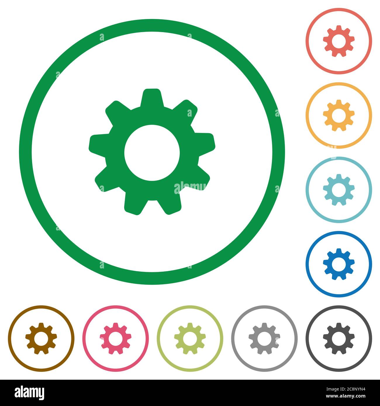 Set of settings color round outlined flat icons on white background ...