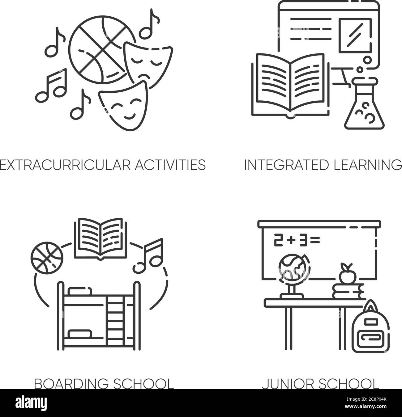 Primary education pixel perfect linear icons set. Junior school ...