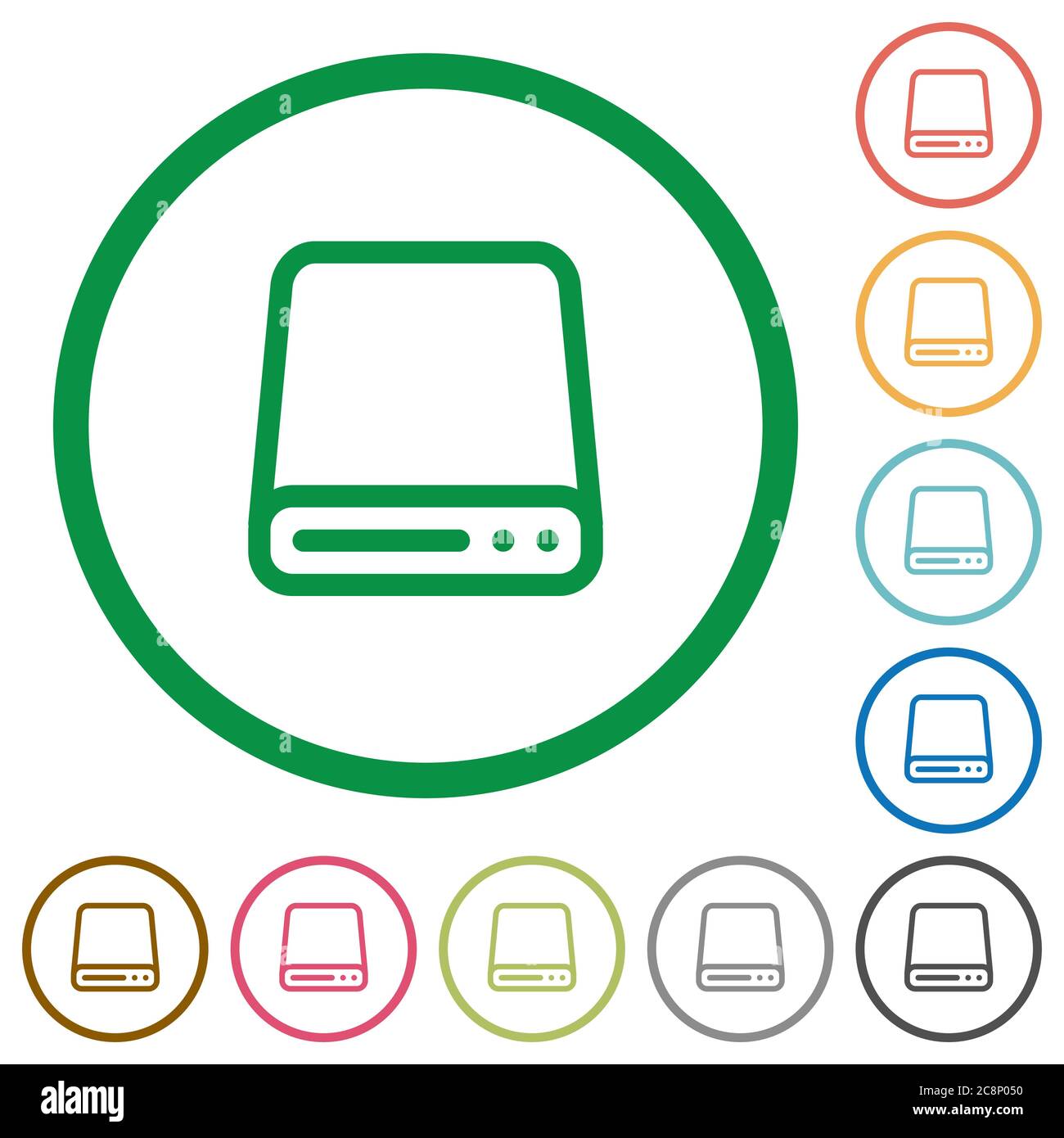 Set of Hard disk drive color round outlined flat icons on white ...