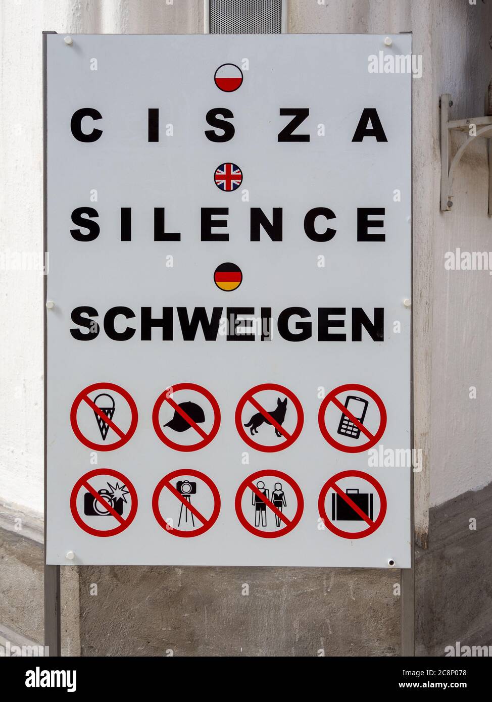 on a sign the word "silence" is written in different languages Stock ...