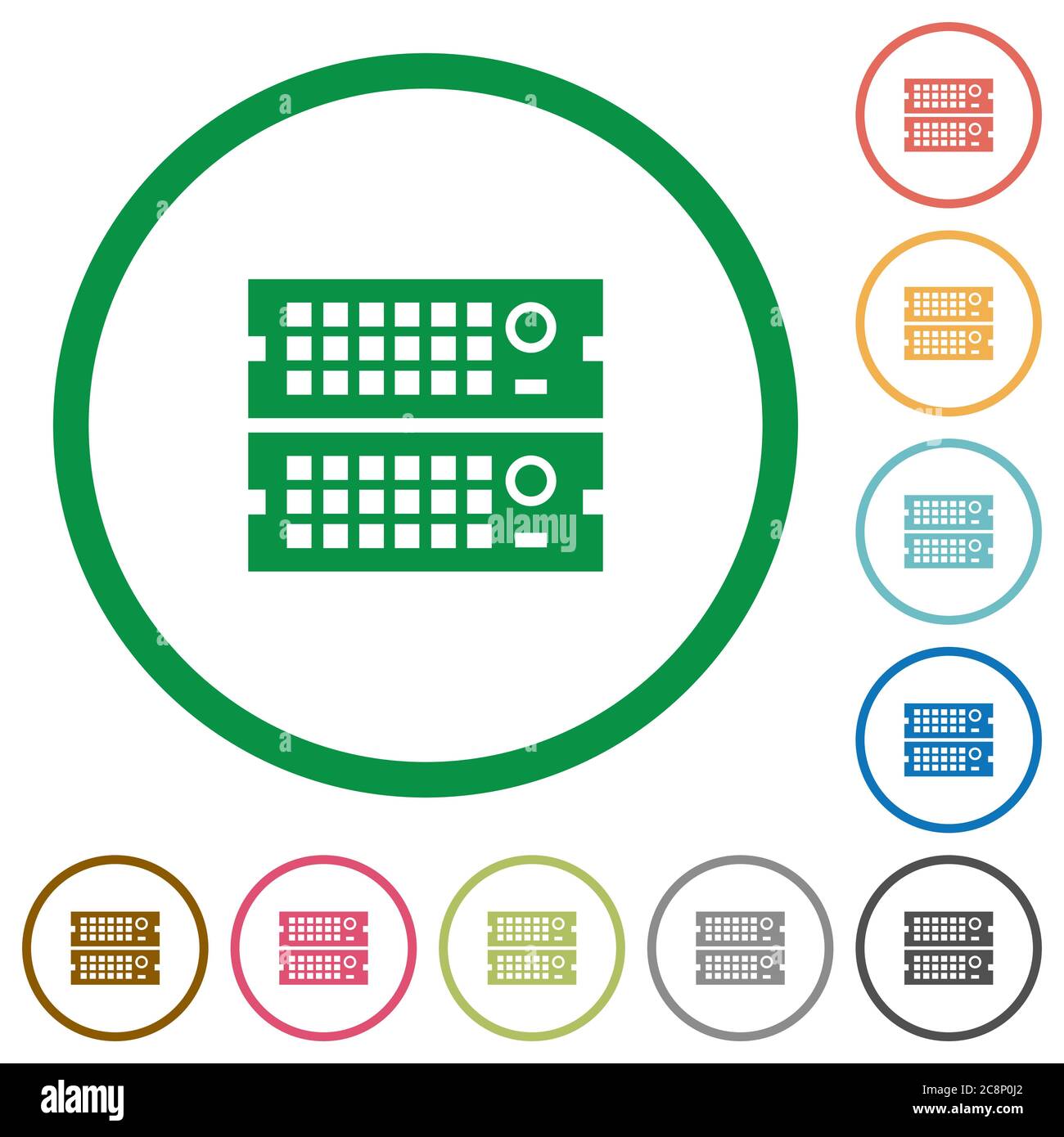 Set of rack servers color round outlined flat icons on white background ...