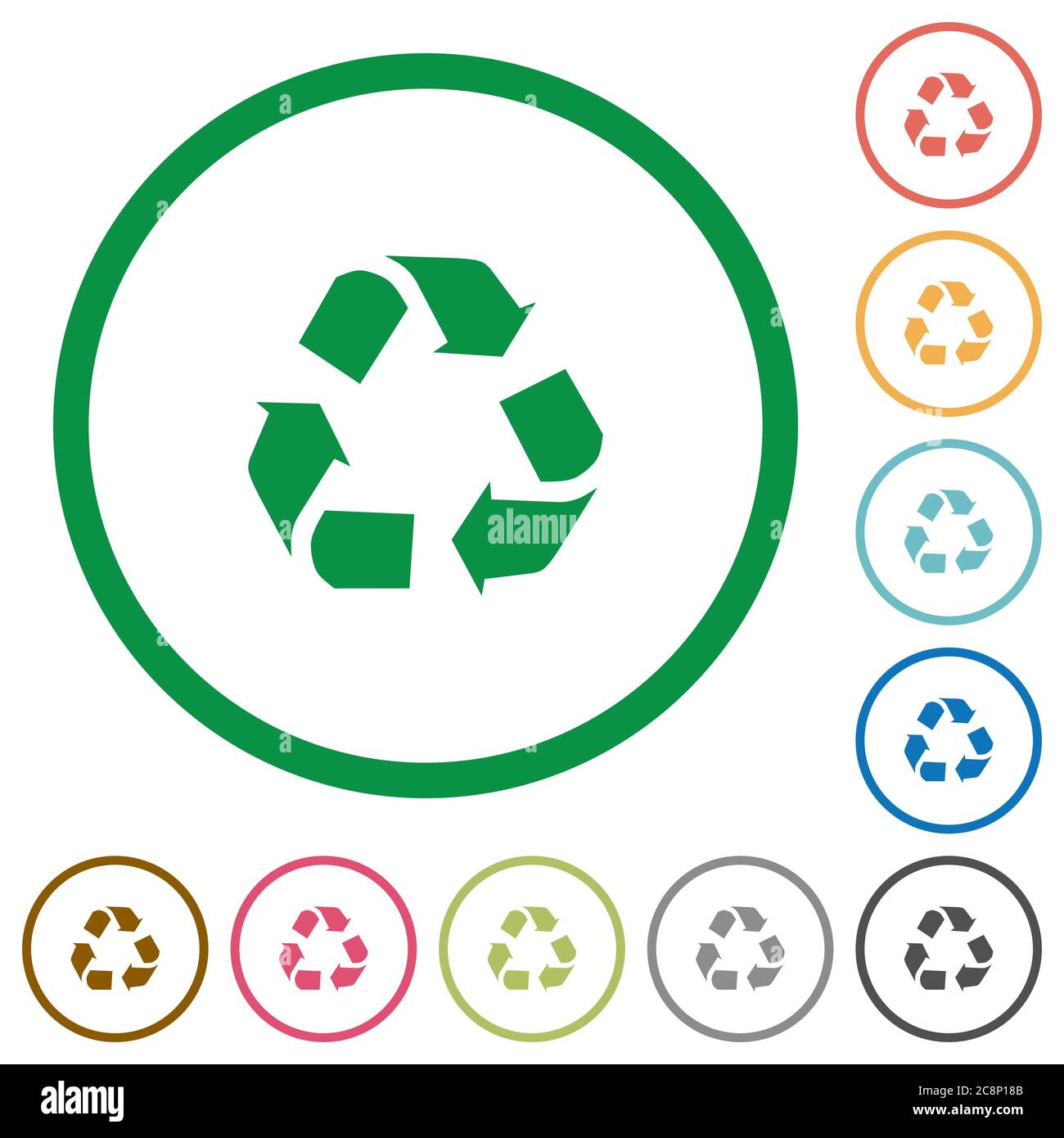 Set of recycling color round outlined flat icons on white background ...