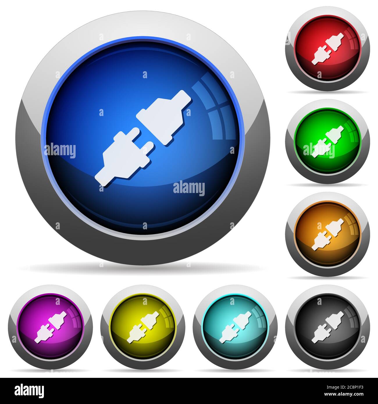 Set of round glossy power connectors buttons. Arranged layer structure ...