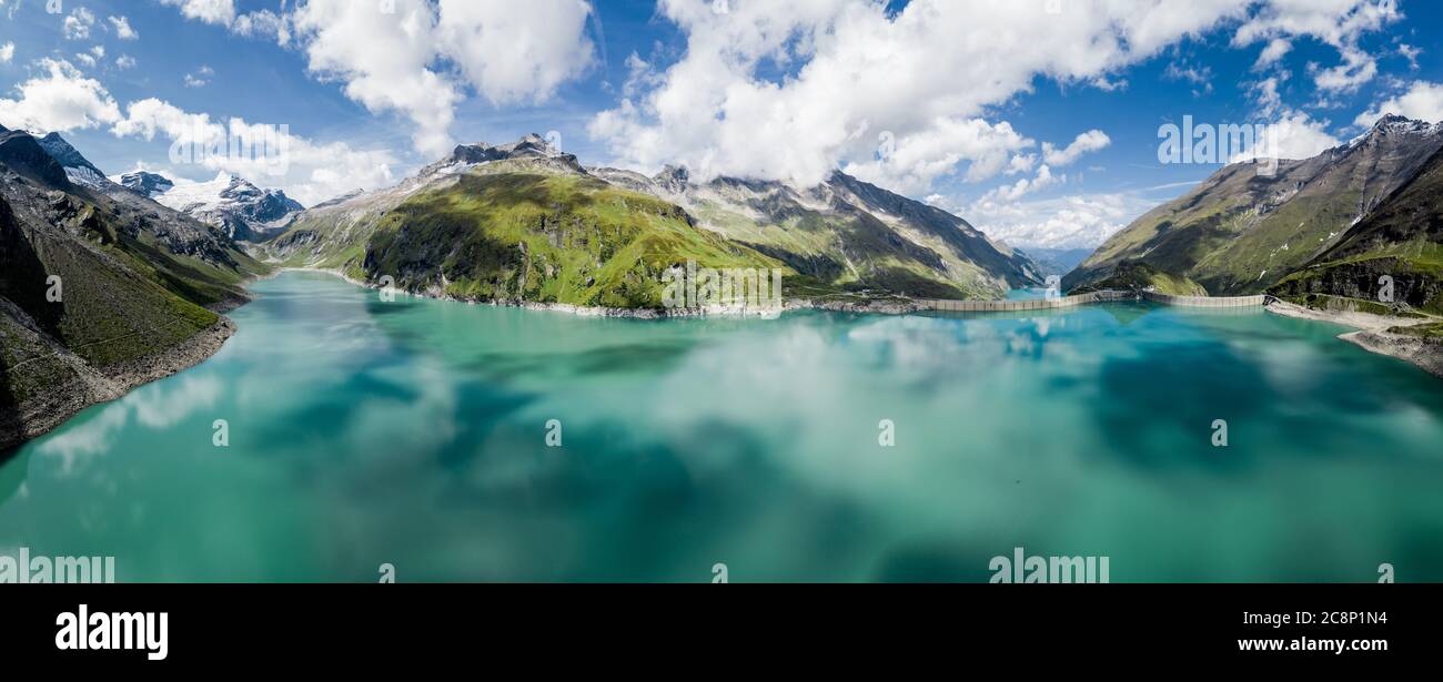 Aerial view of lake Mooserboden and dam wall, Kaprun High Mountain ...