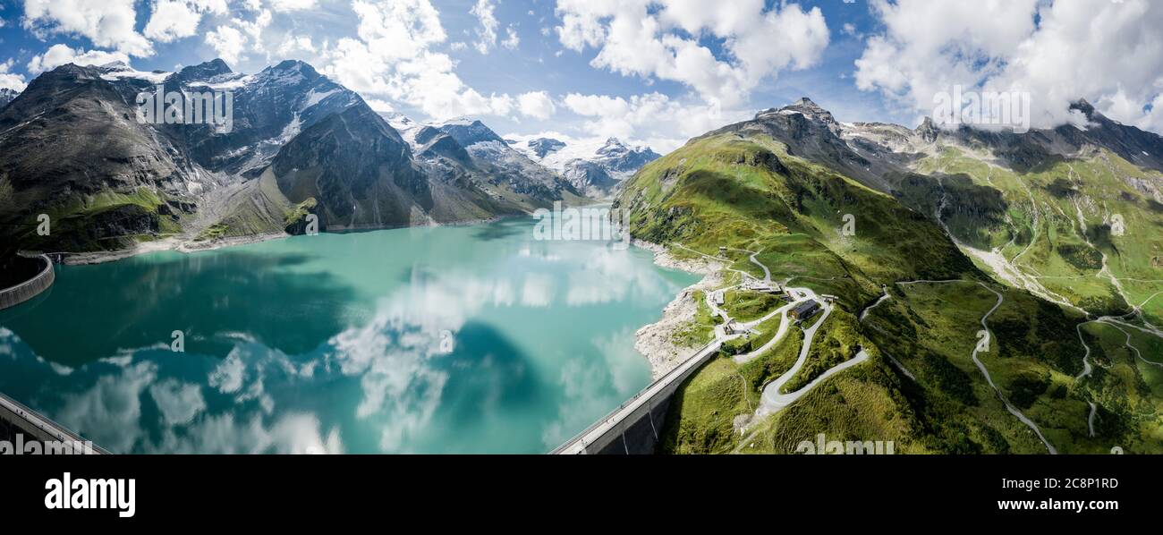 Aerial view of lake Mooserboden and dam wall, Kaprun High Mountain ...