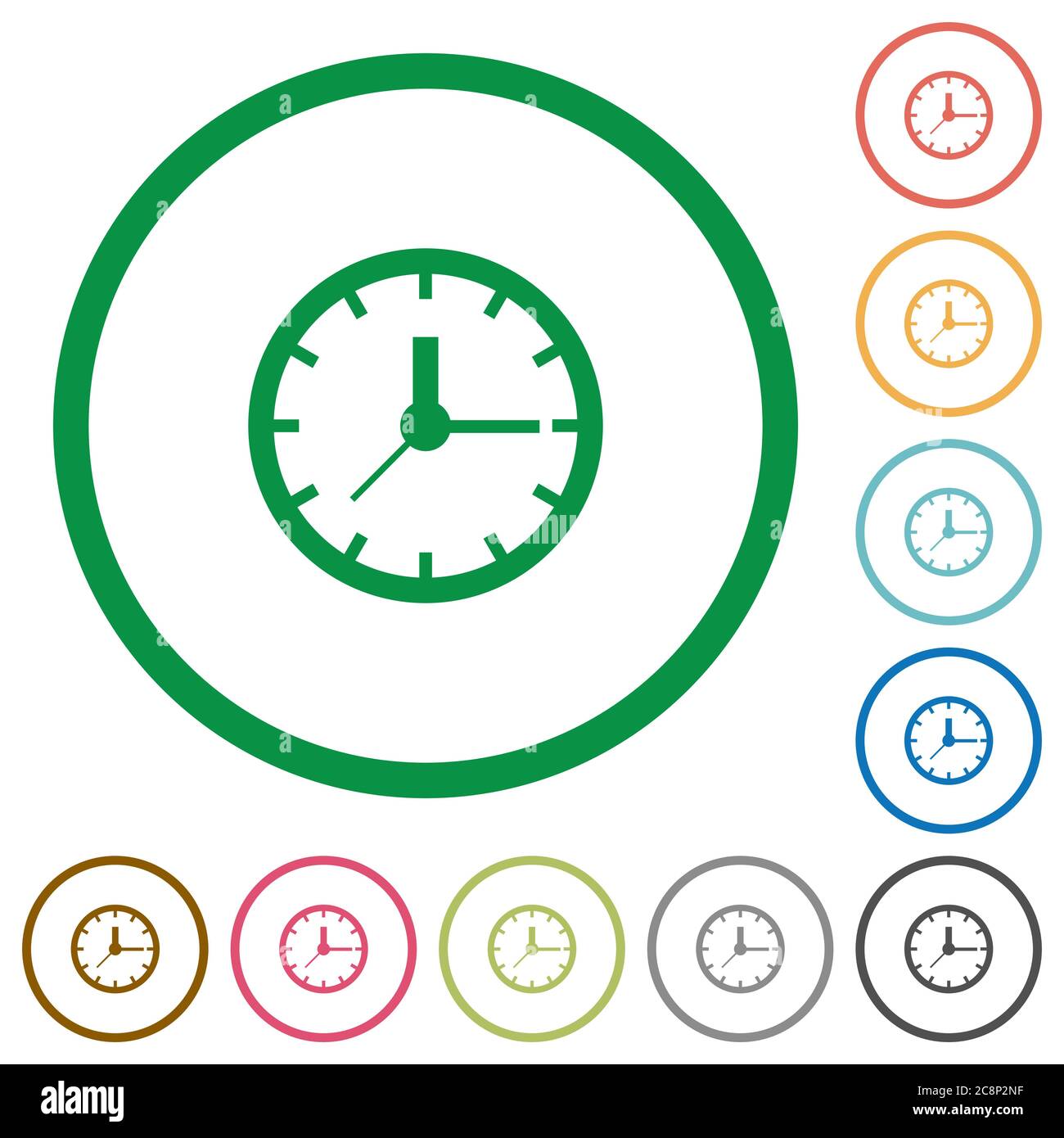 Set of clock color round outlined flat icons on white background Stock ...