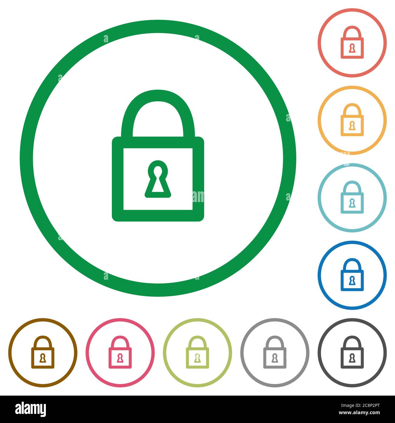 Set of Locked padlock color round outlined flat icons on white ...