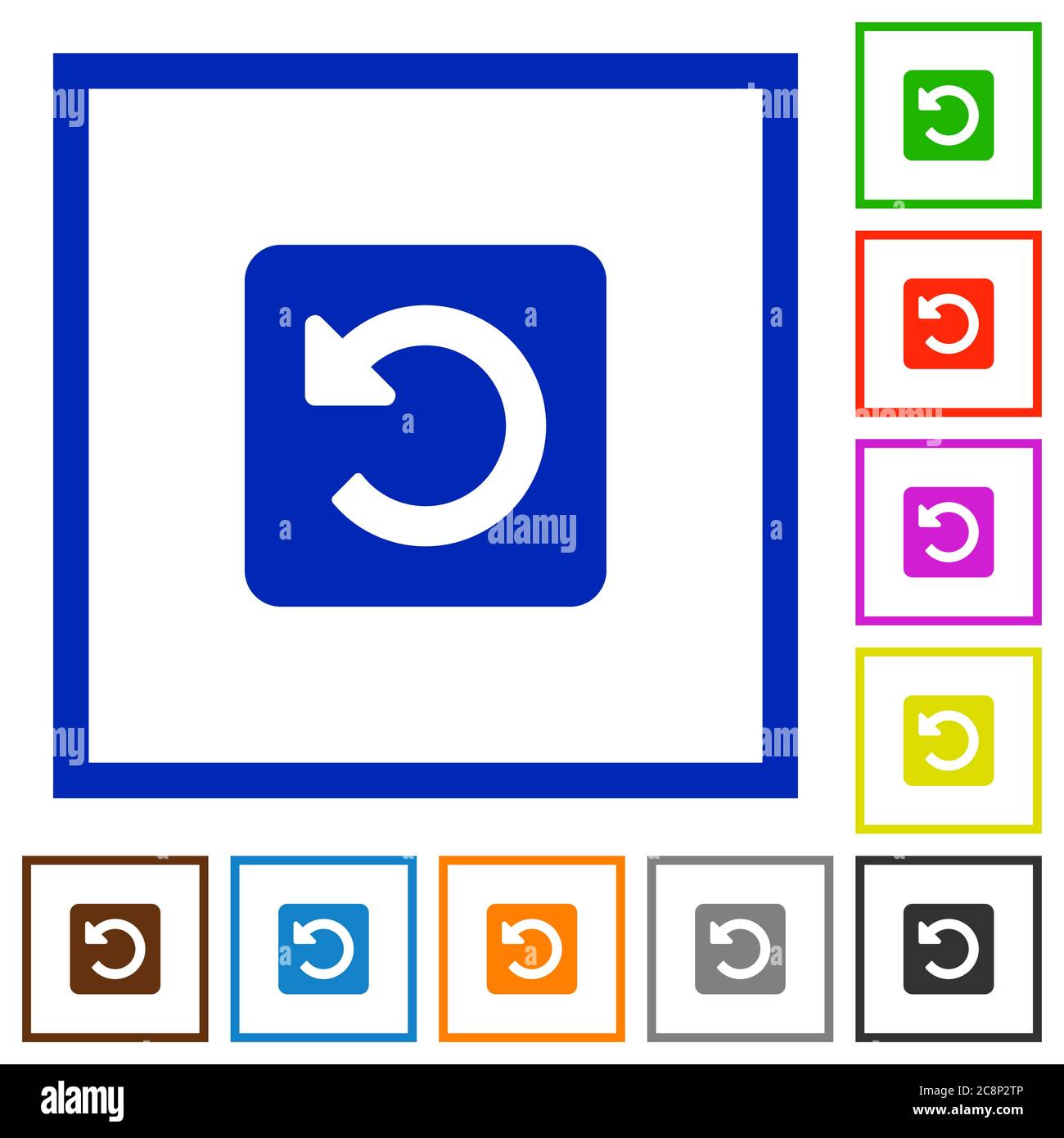 Set of color square framed rotate left flat icons on white background ...