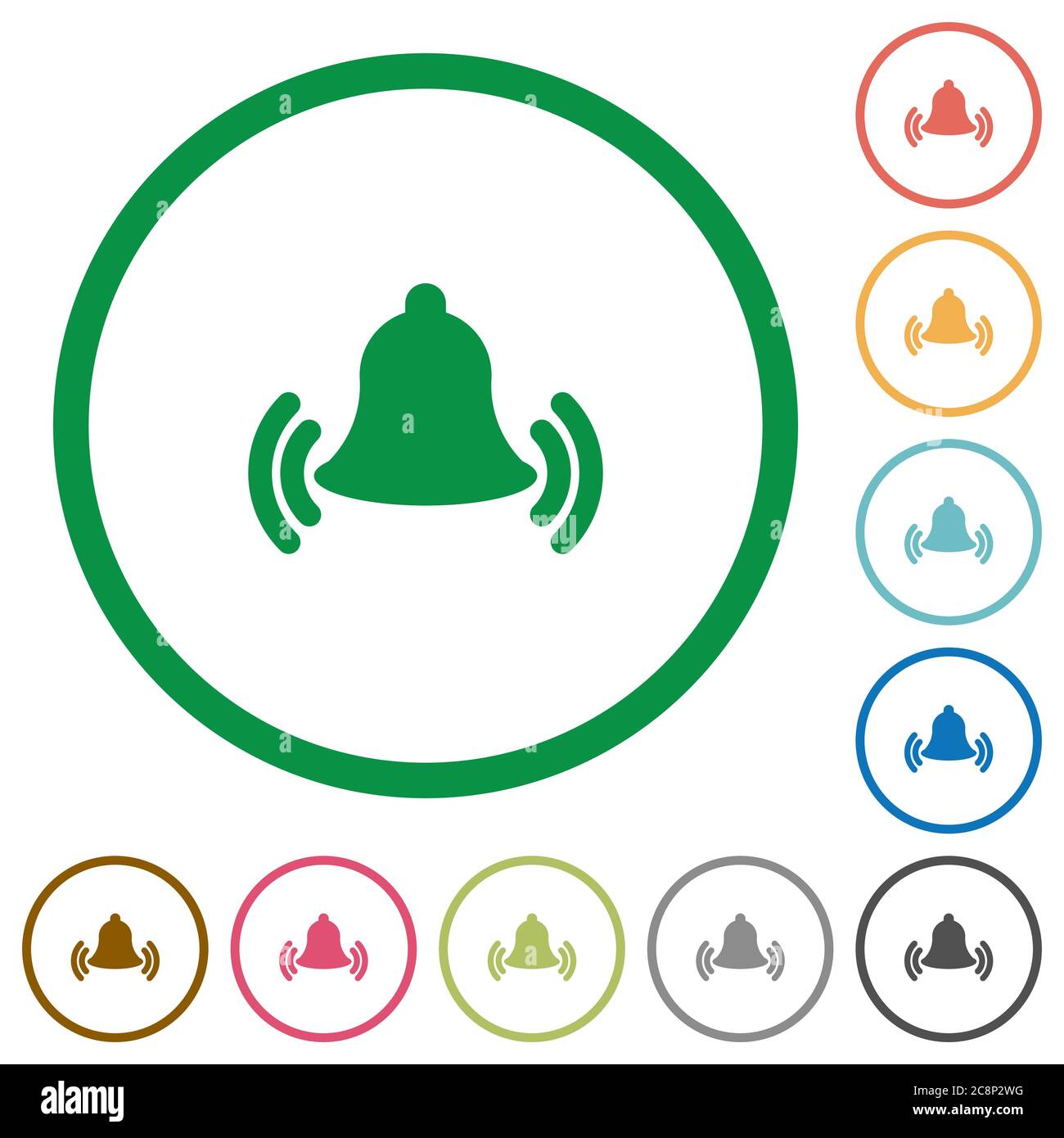Set of Ringing bell color round outlined flat icons on white background ...
