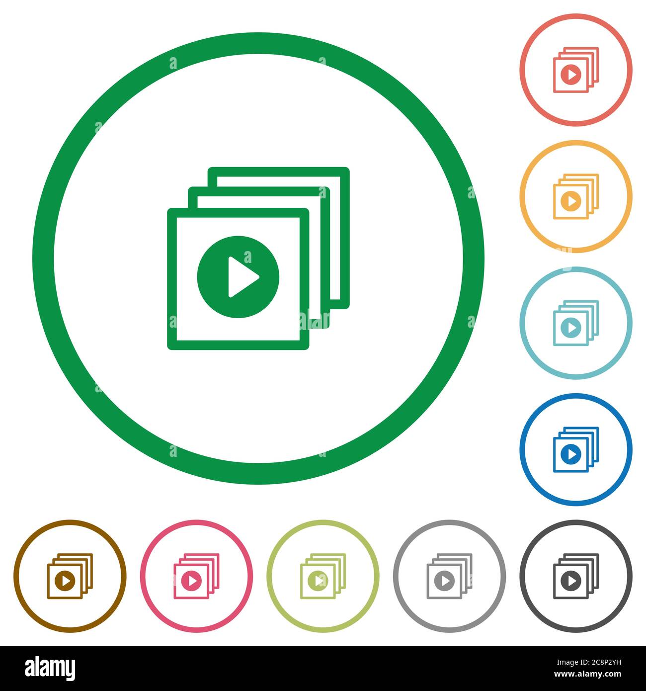 Set of play files color round outlined flat icons on white background ...