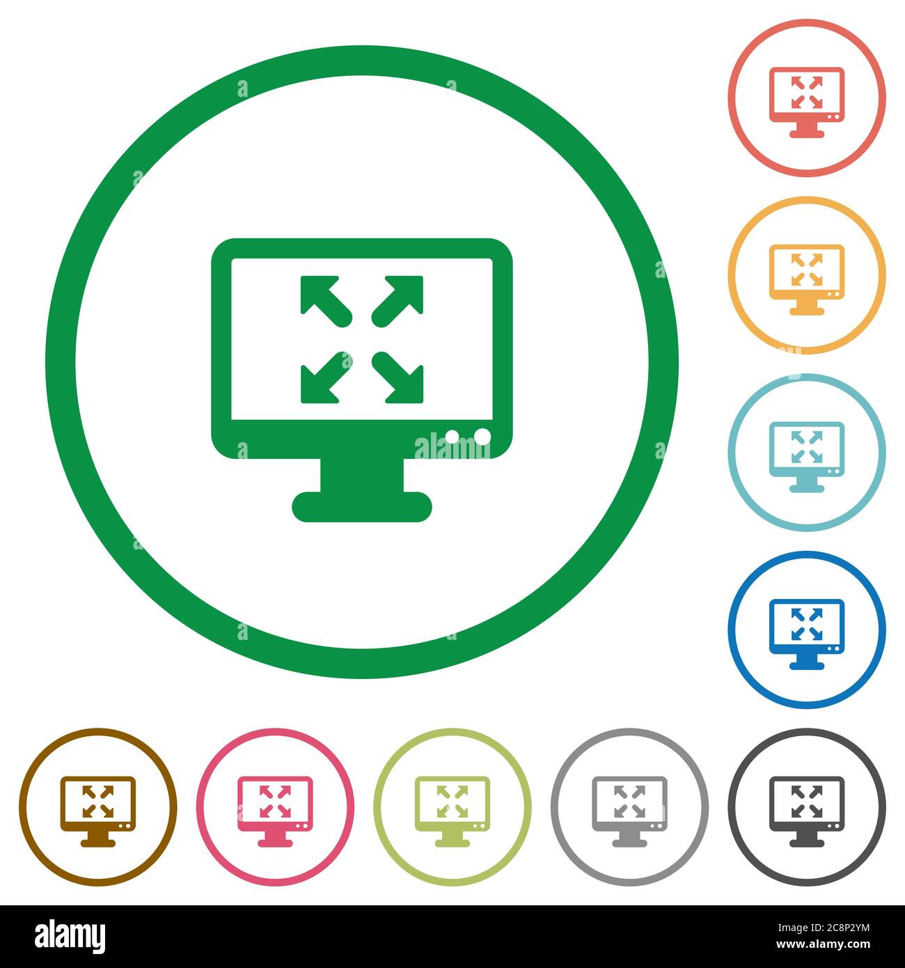 Set of fullscreen view color round outlined flat icons on white ...