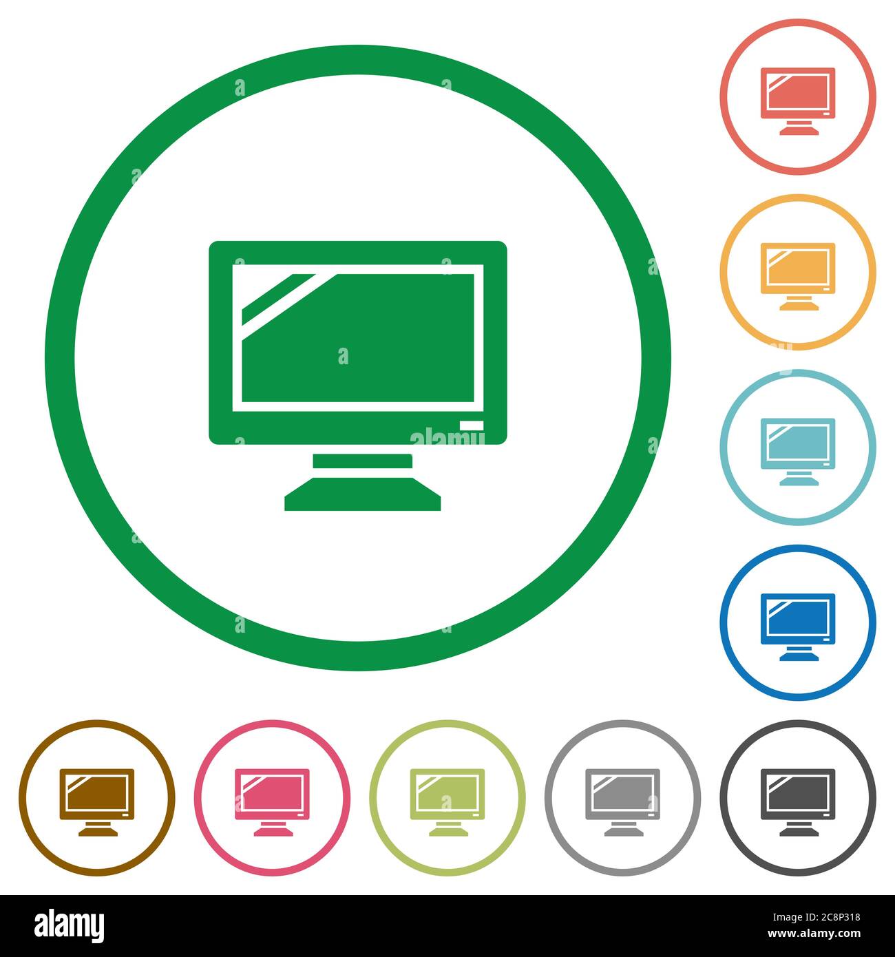 Set of monitor color round outlined flat icons on white background ...