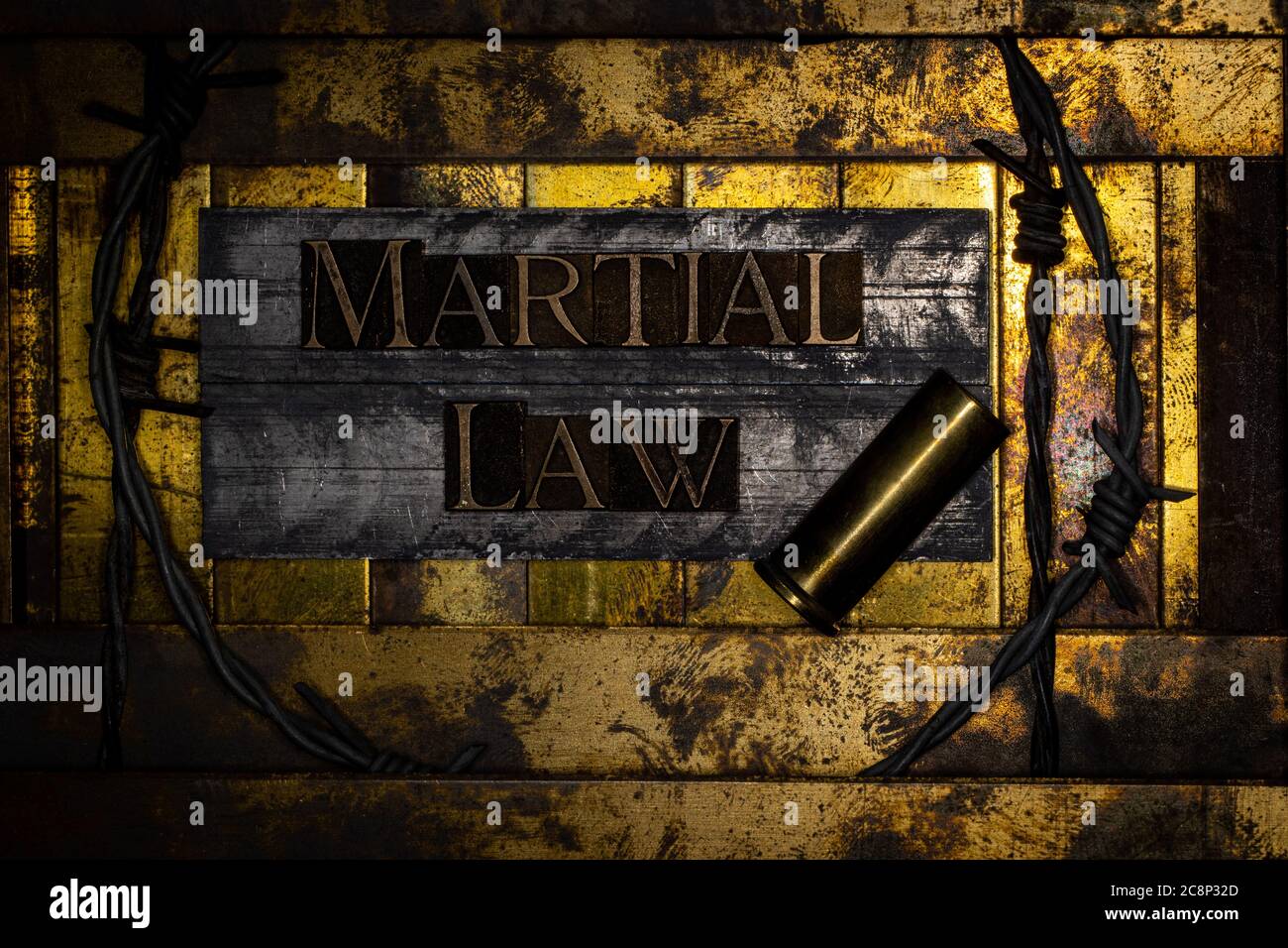 Martial Law text formed with real authentic typeset letters with barb ...