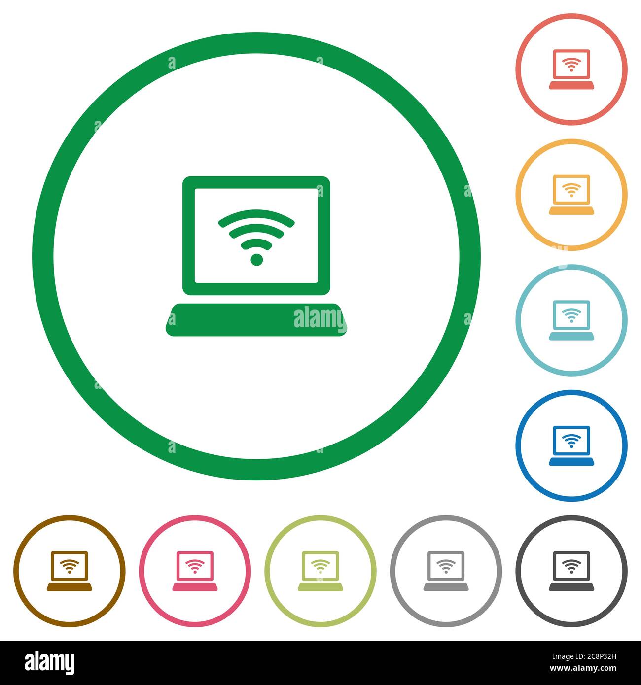 Set of Wireless computer network color round outlined flat icons on ...