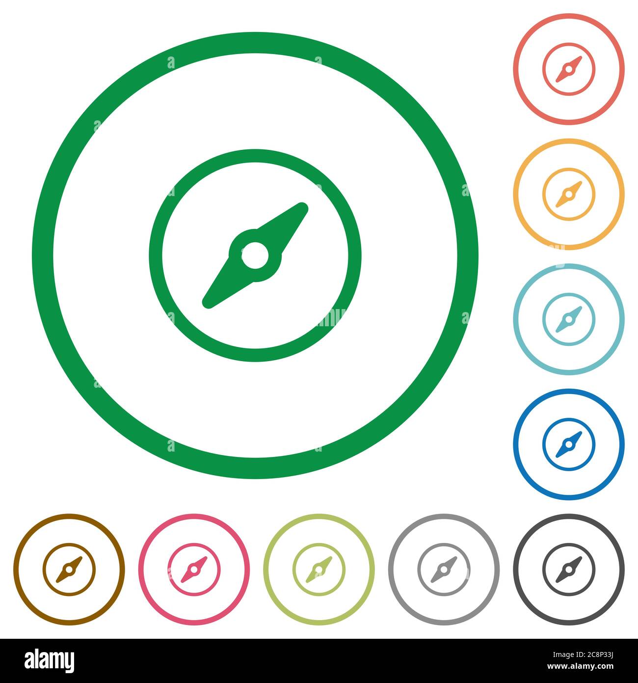 Set of compass color round outlined flat icons on white background ...