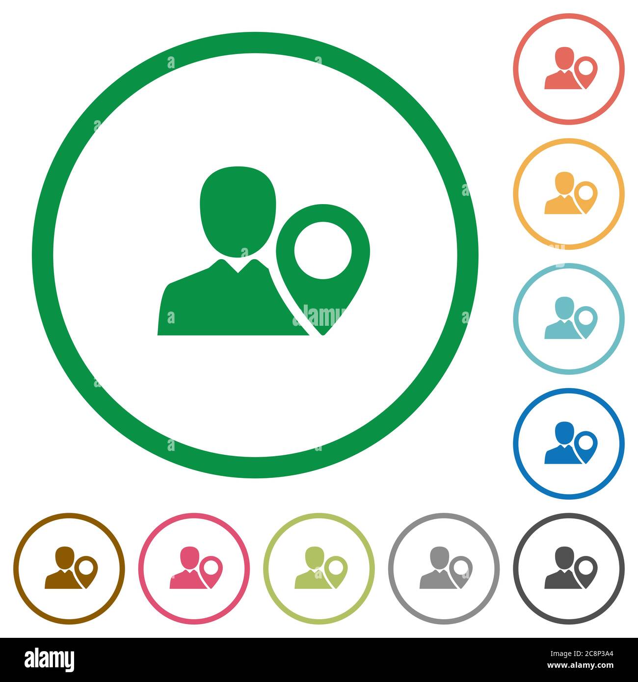 Set of user location color round outlined flat icons on white ...