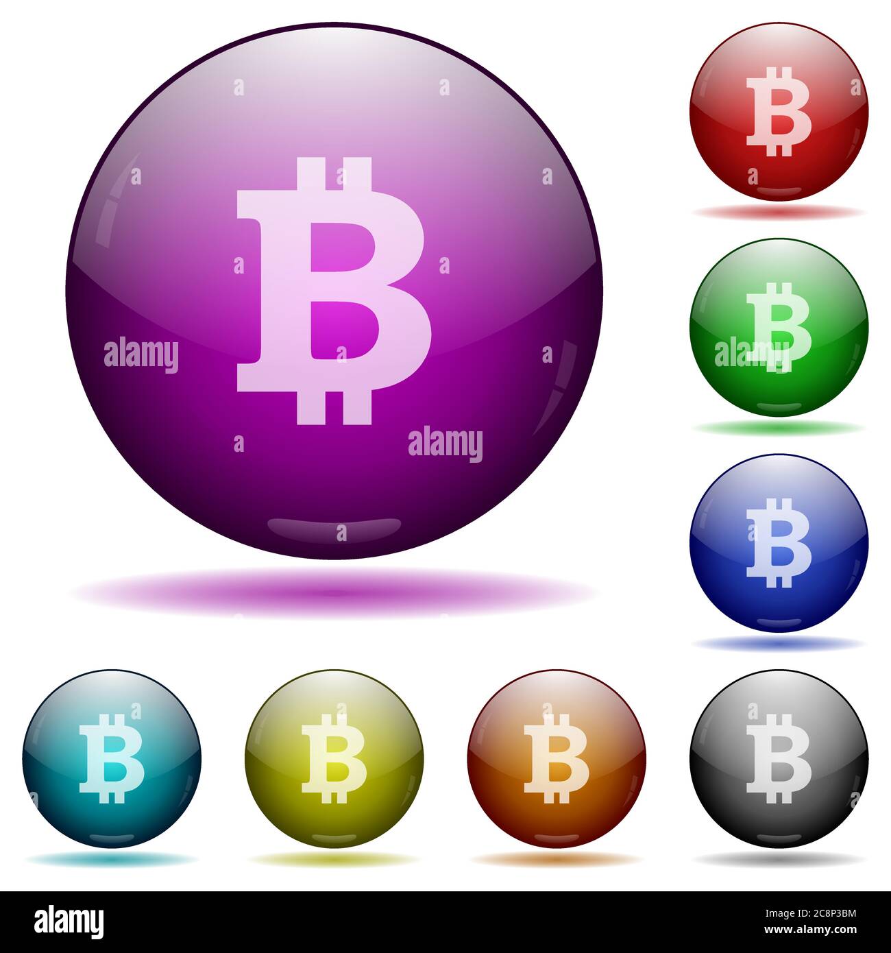 Set of color Bitcoin sign glass sphere buttons with shadows Stock ...