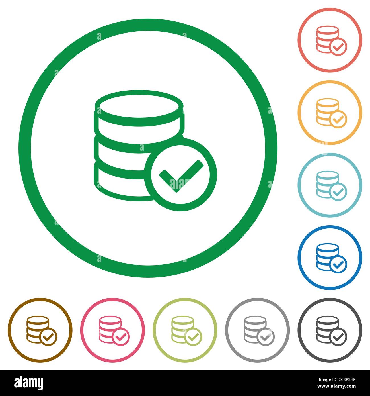 Set of database ok color round outlined flat icons on white background ...