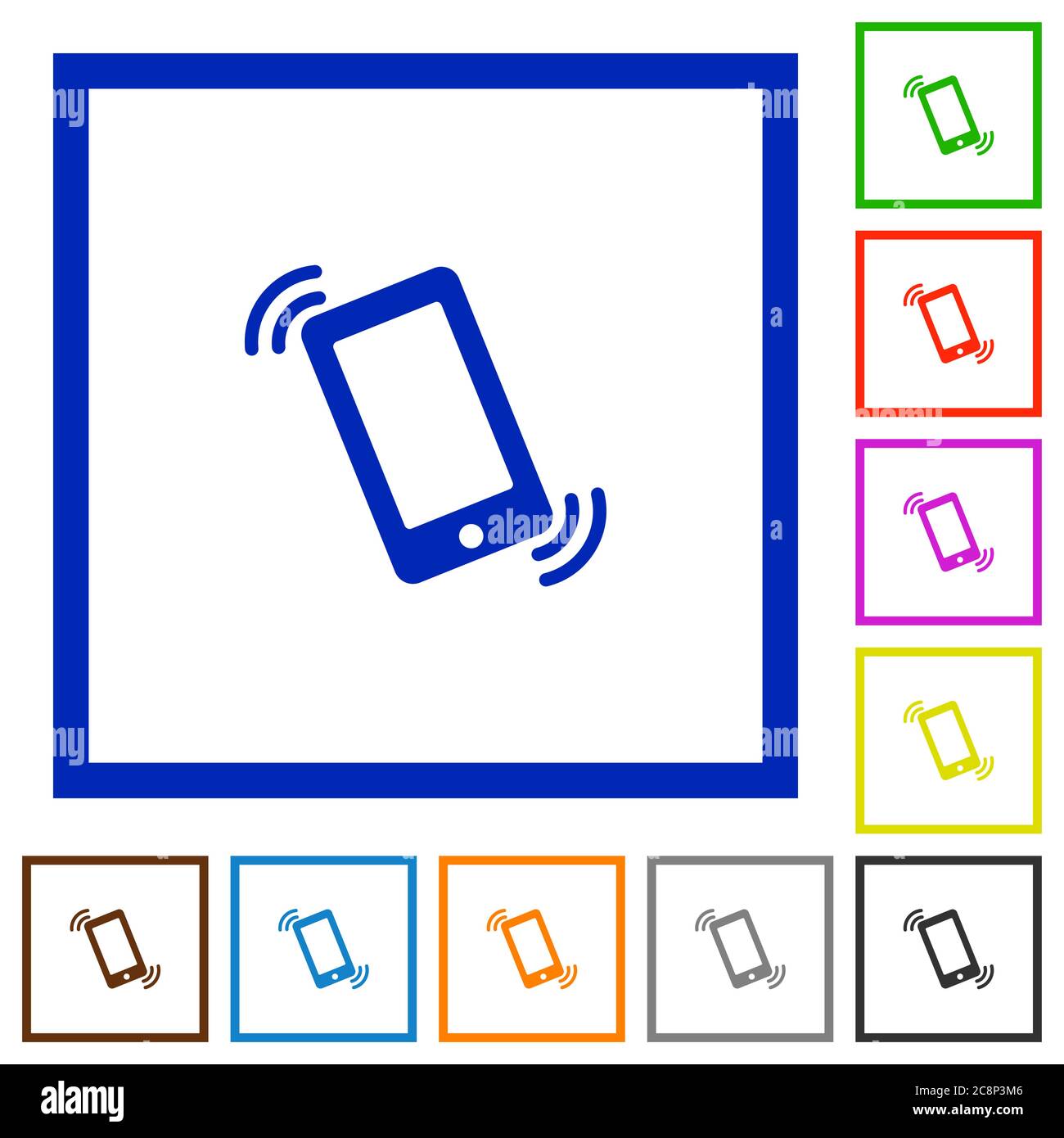 Set of color square framed Ringing phone flat icons on white background ...