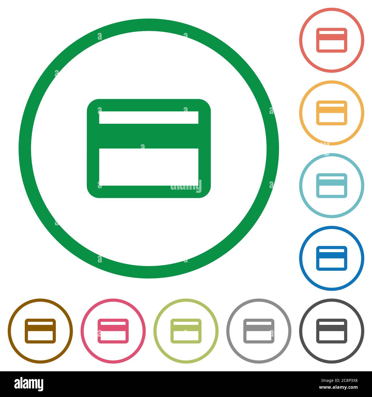 Set of credit card color round outlined flat icons on white background ...