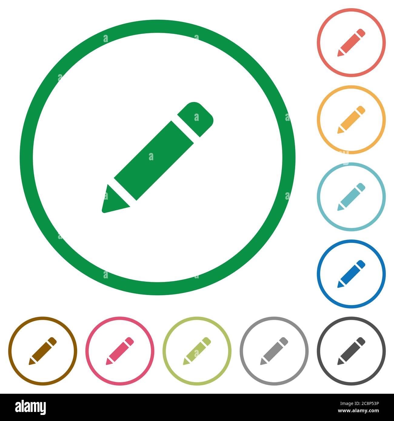 Set of pencil color round outlined flat icons on white background Stock ...