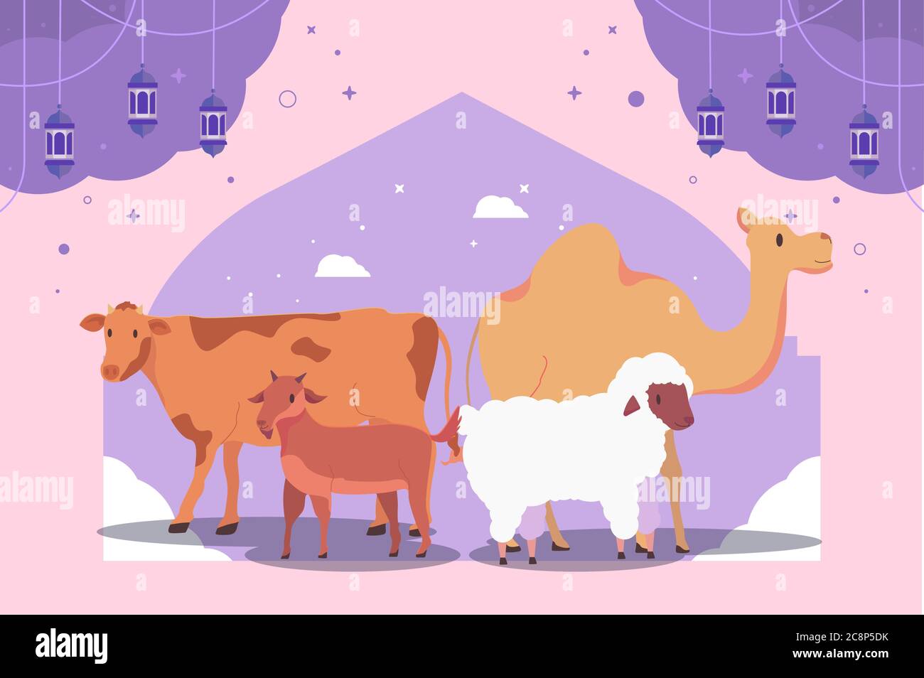 Eid Al Adha Background With Camel, Cattle, Goat, And Sheep Character ...