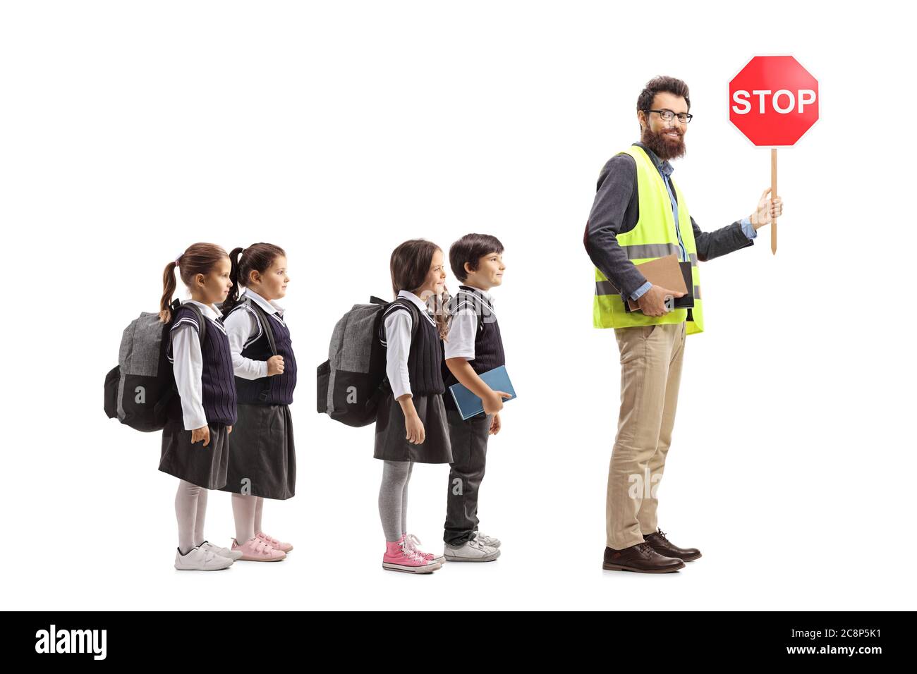 Male teacher with a safety vest and stop sign with a group of ...