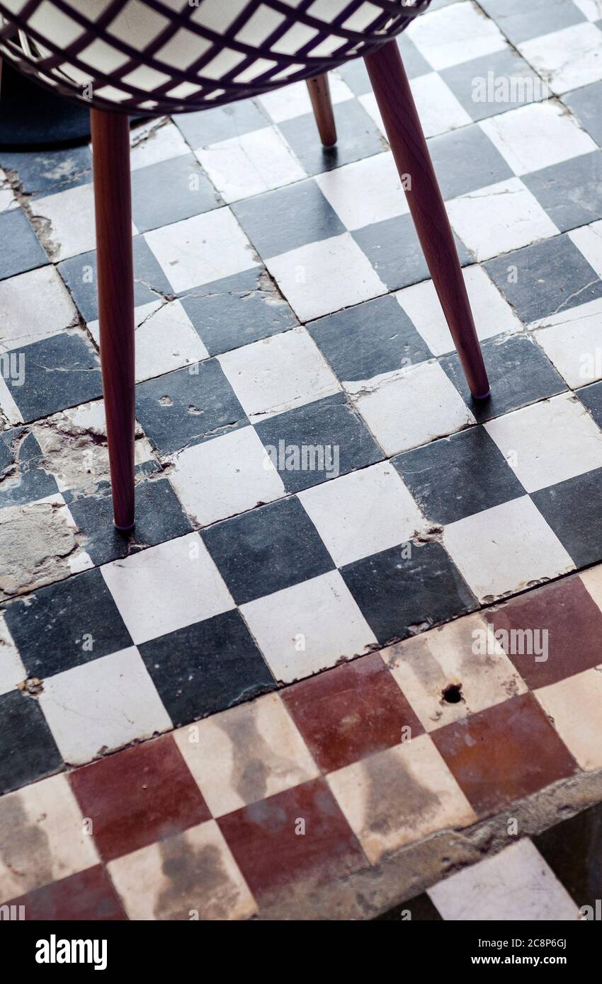 traditional design old rustic floor tiles detail in trendy Ibiza cafe ...