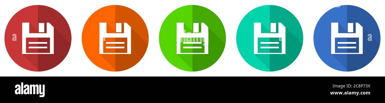 Disk icon set, save, red, blue, green and orange flat design web ...