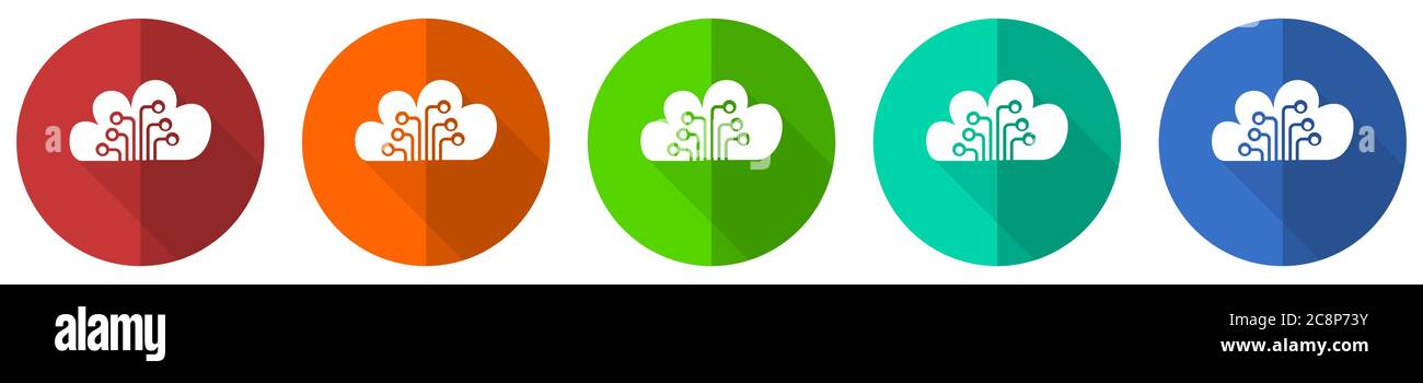 Cloud computing icon set, technology, circuit, data, red, blue, green ...