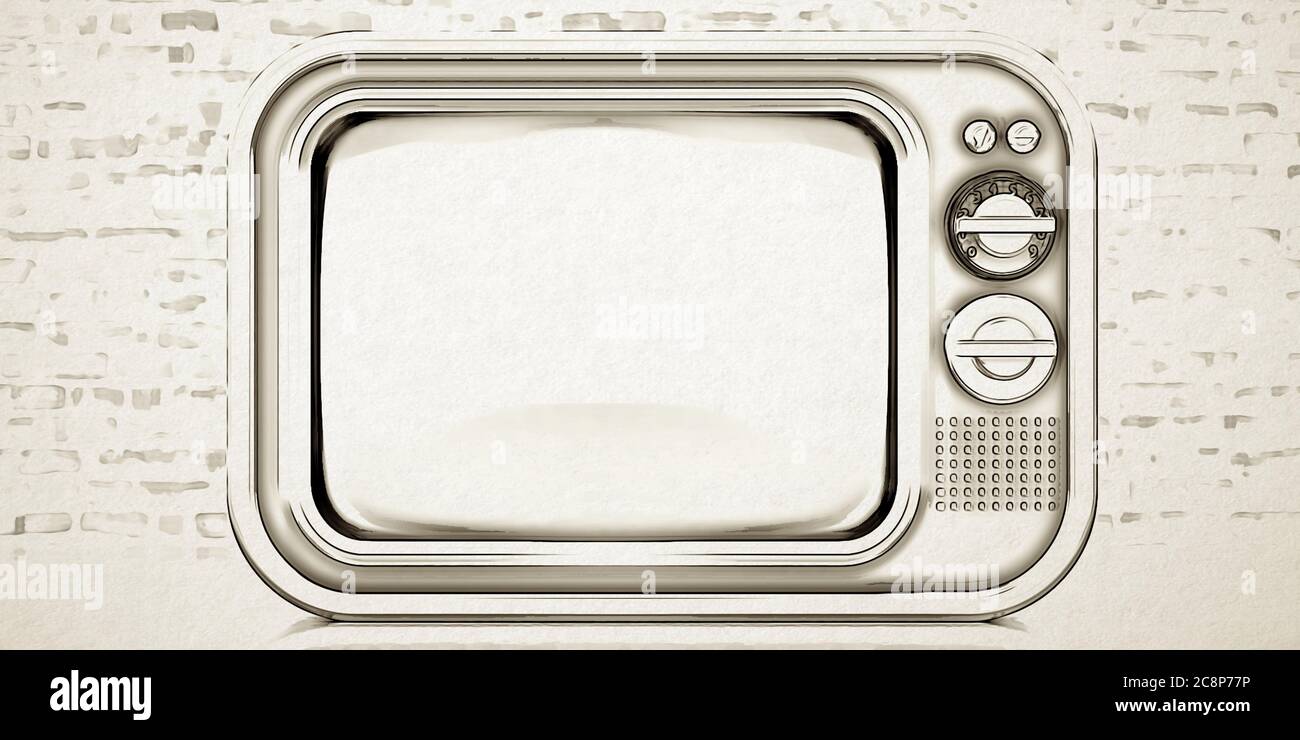 TV cartoon empty screen, old-fashioned, of black outline, on white with ...
