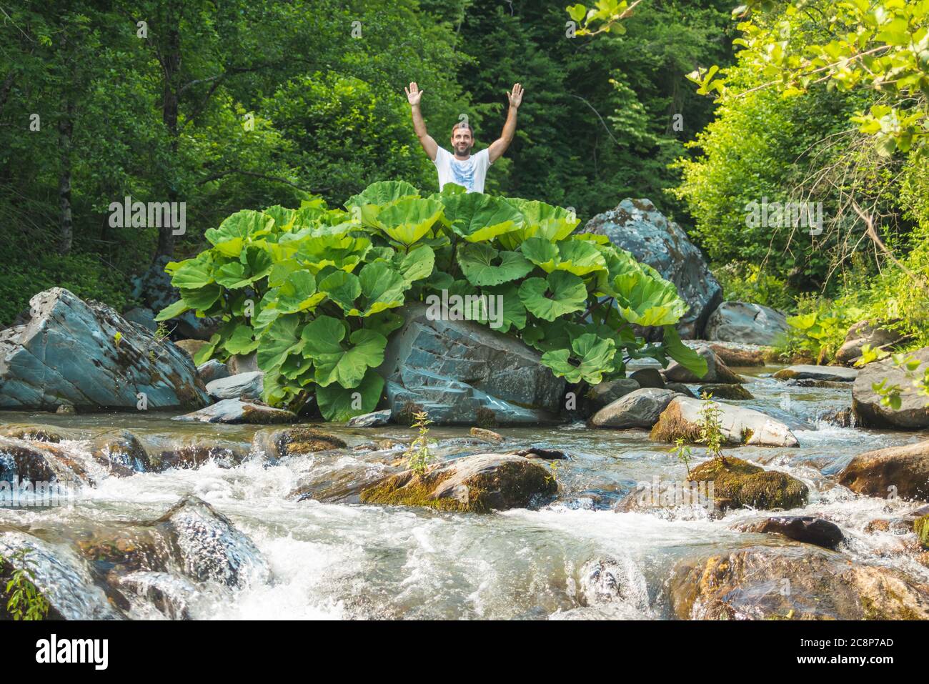 A men standing in the river with hands up Stock Photo - Alamy