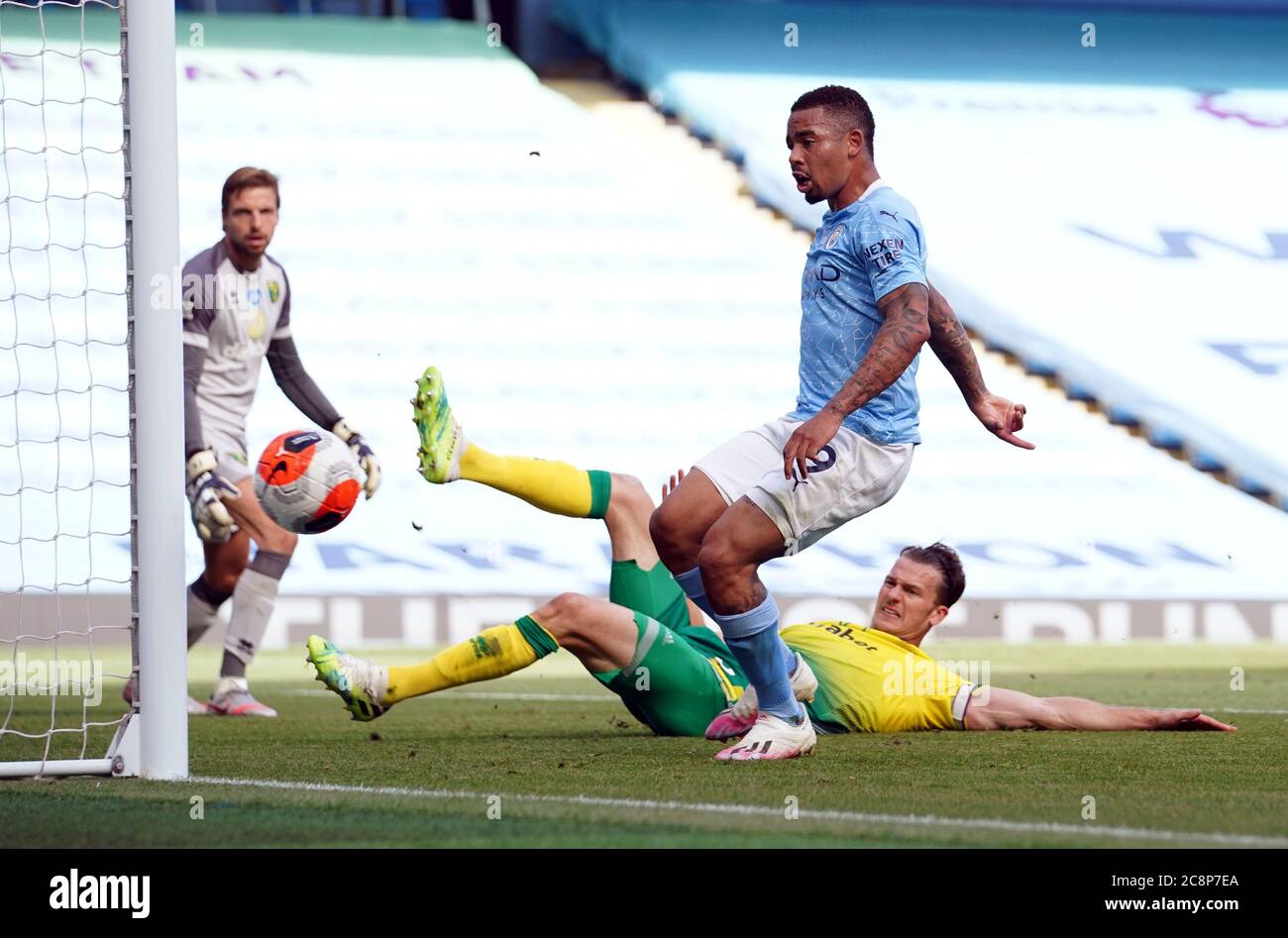 Manchester City's Gabriel Jesus shoots sees his shot hit the post ...