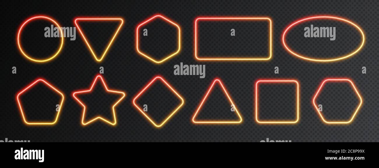 Neon gradient frames set, collection of red-yellow glowing borders ...