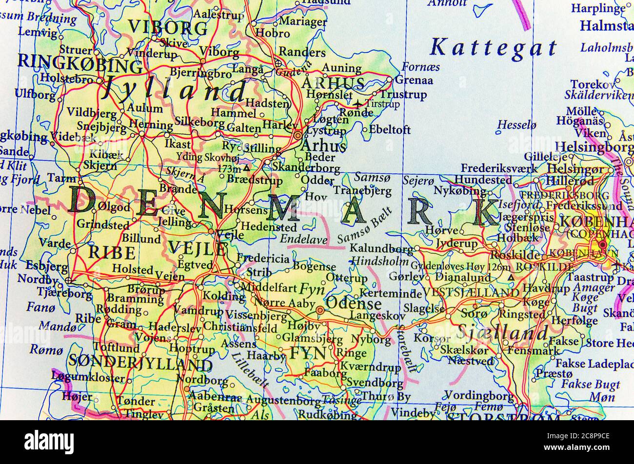 Geographic map of European country Denmark with important cities Stock ...