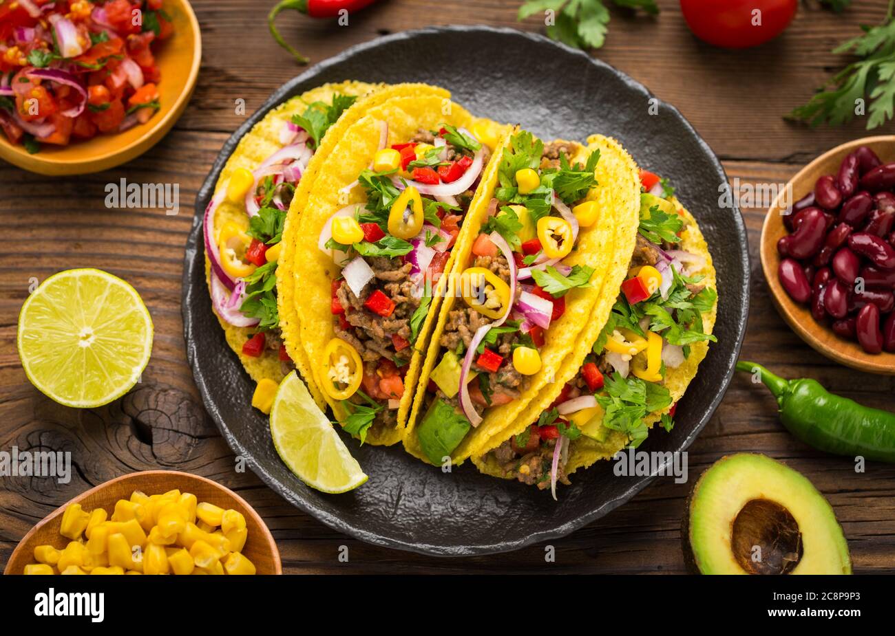 Mexican food - fresh tacos with ground meat Stock Photo - Alamy