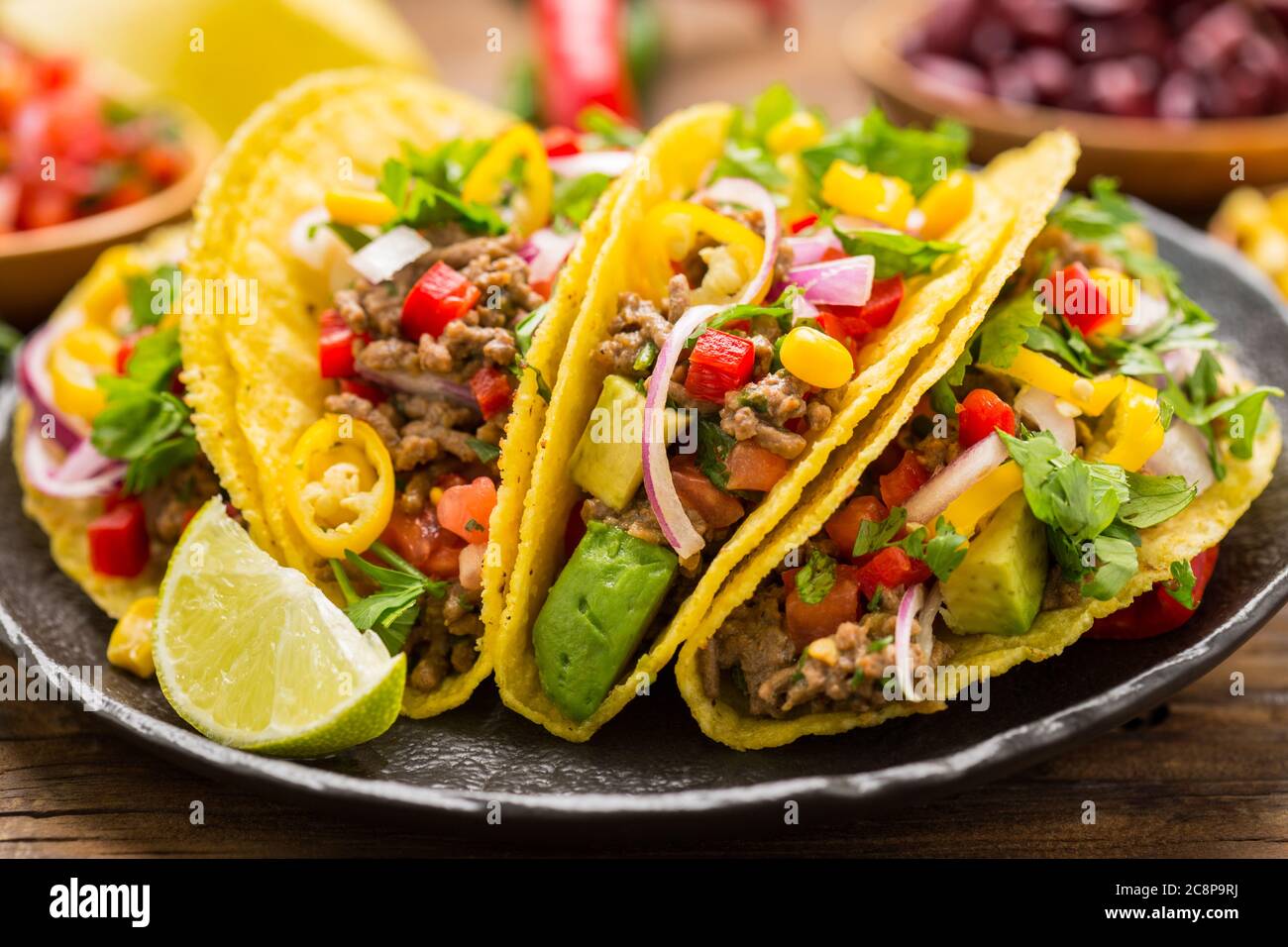 Mexican food - fresh tacos with ground meat Stock Photo - Alamy