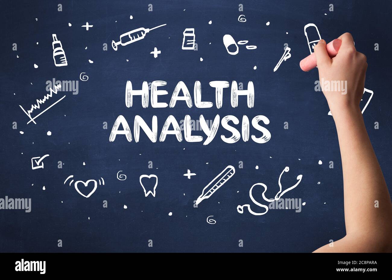 Hand drawing HEALTH ANALYSIS inscription with white chalk on blackboard ...