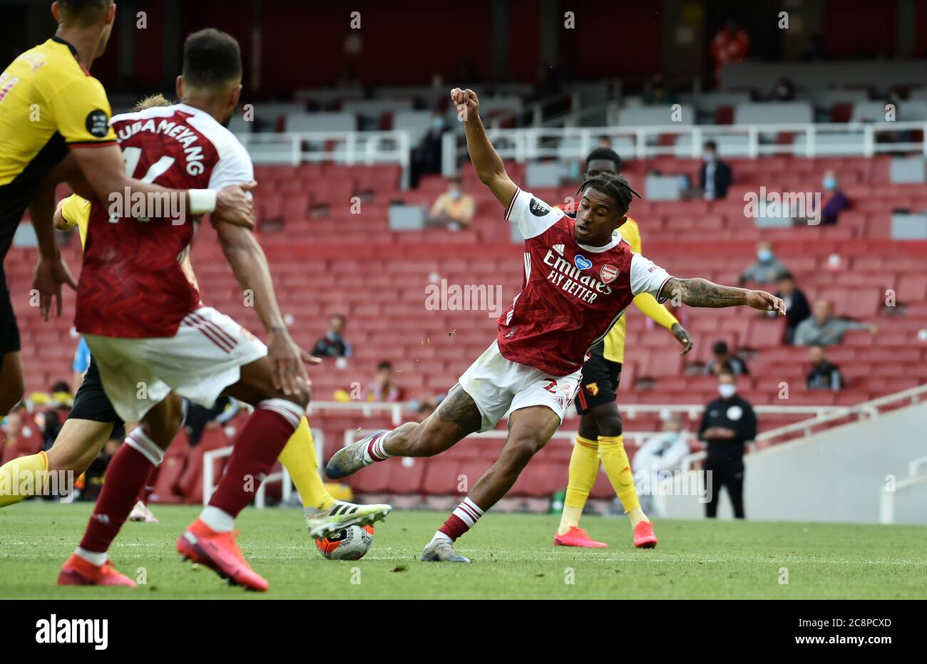 Arsenal's Reiss Nelson has a shot on goal during the Premier League ...