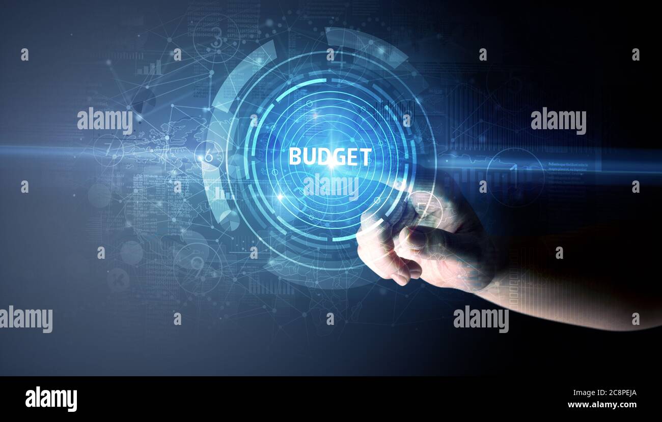 Hand touching BUDGET button, modern business technology concept Stock ...