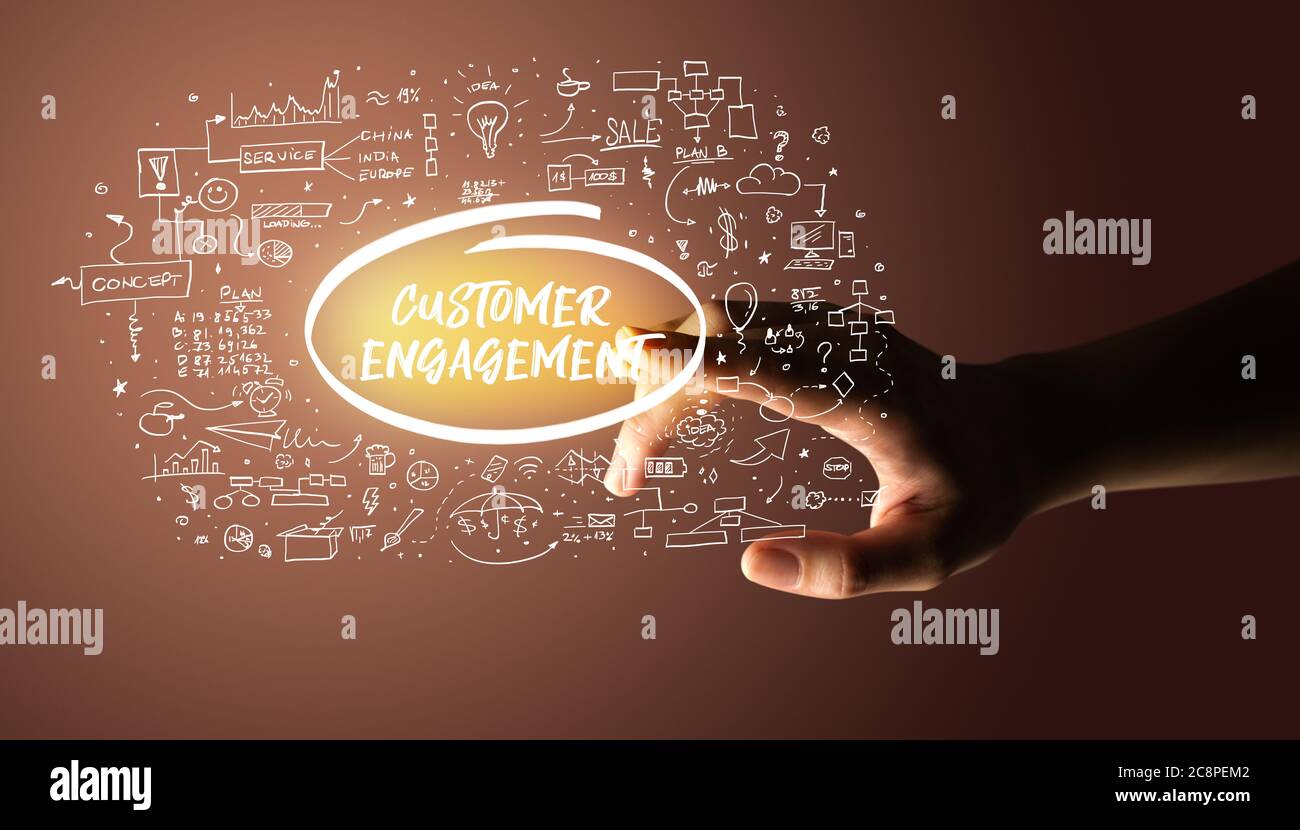 Hand touching CUSTOMER ENGAGEMENT inscription, hand drawn icons around ...