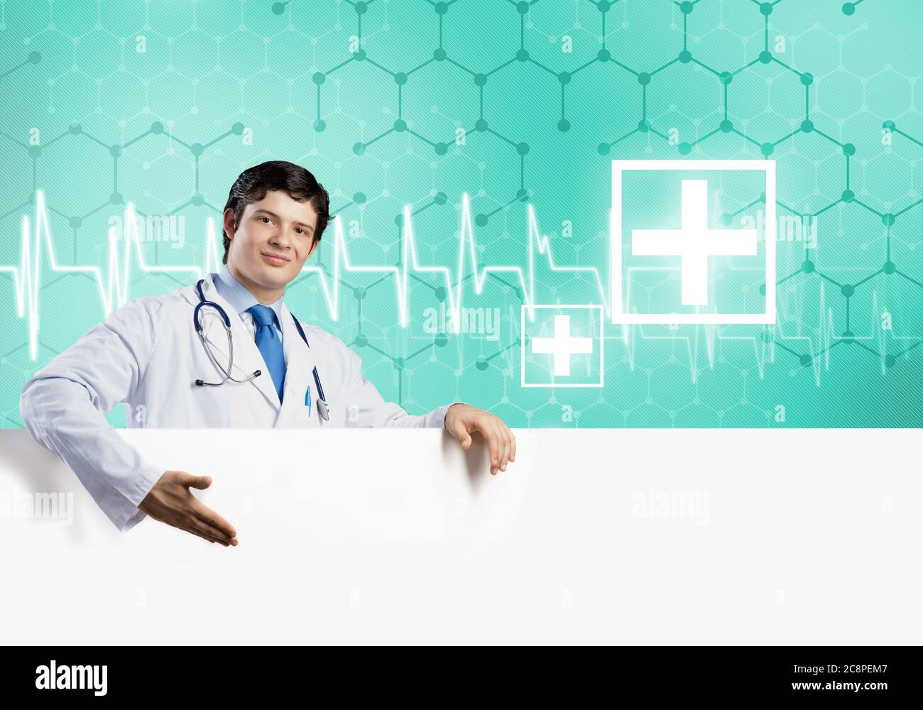 Doctor with banner Stock Photo - Alamy